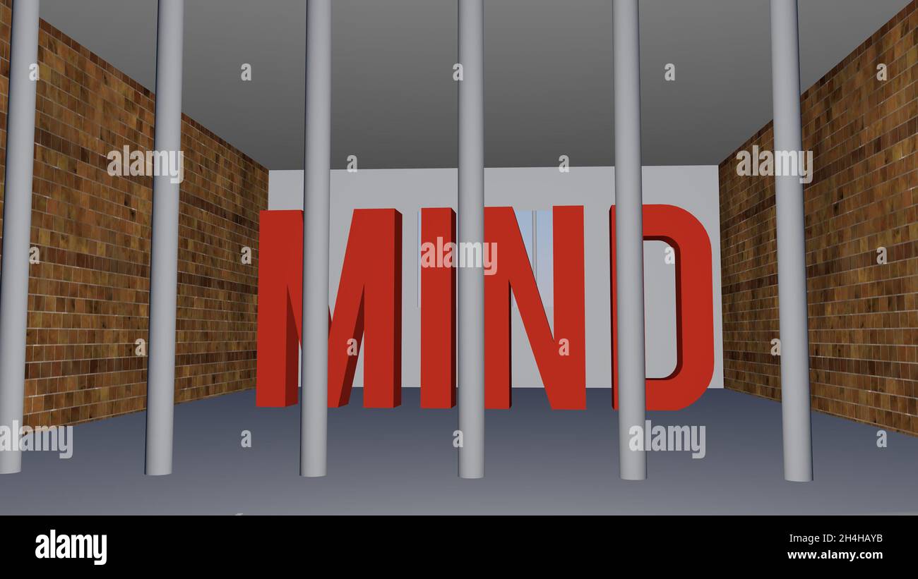 3D illustration of mind and limiting thoughts concept with text inside ...