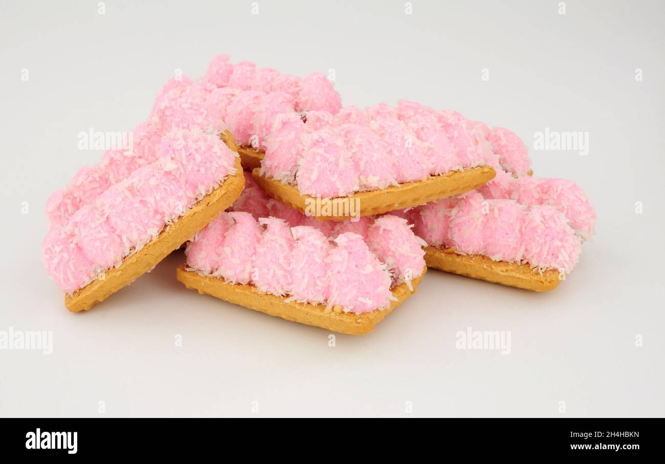 Group of jam mallows soft crumbly biscuits topped with pink mallow and ...