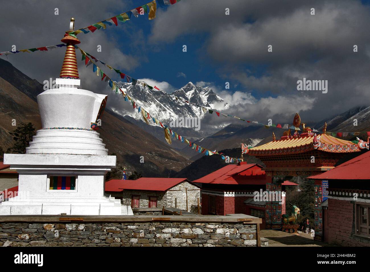 Monastery complex of Tengboche in Nepal with a view of Mount Everest ...