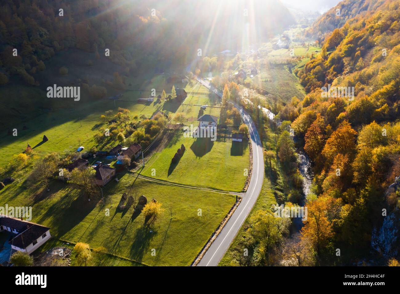 Aerial view of authentic traditional villages from Apuseni area in ...