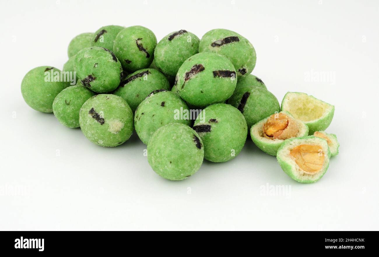 Group of wasabi coated roasted peanuts with a strong hot mustard ...