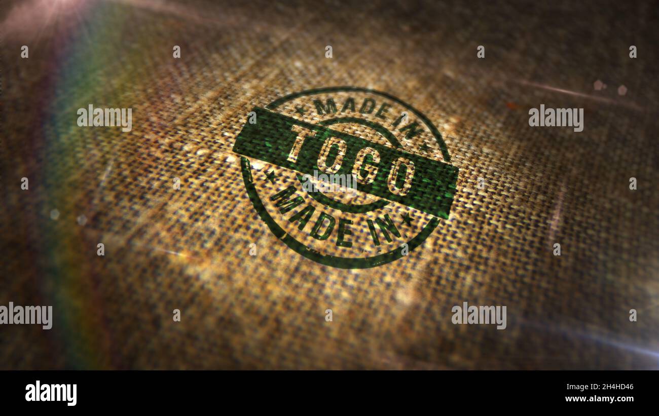 Made in Togo stamp printed on linen sack. Factory, manufacturing and ...