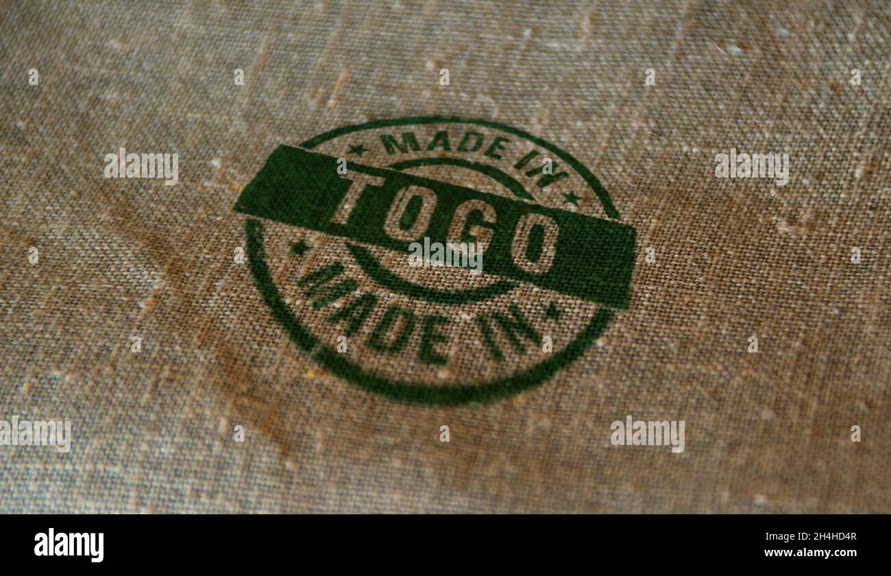 Made in Togo stamp printed on linen sack. Factory, manufacturing and ...