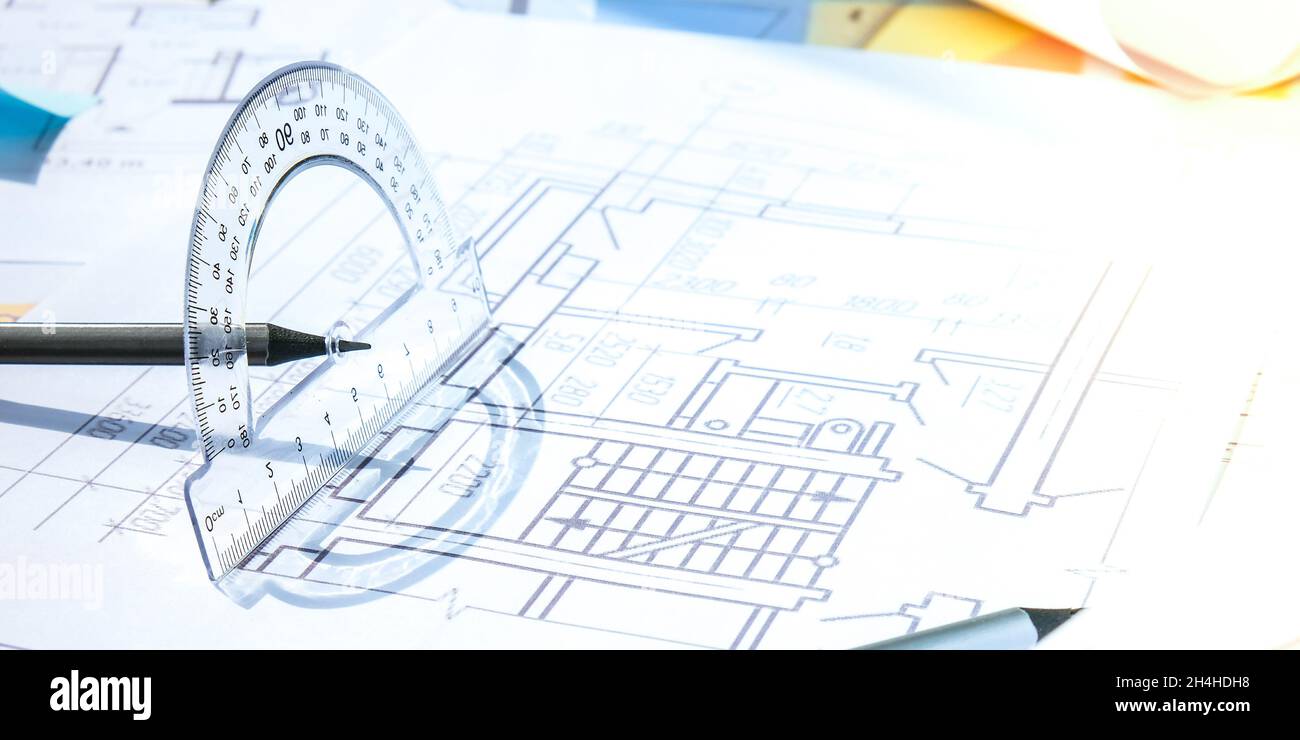 A pencil with a protractor. Architectural Project drawings with tools ...