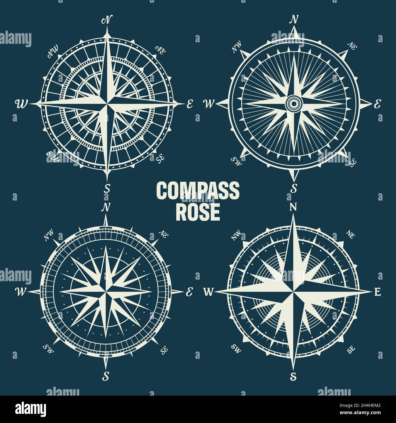 Vintage marine wind rose, nautical chart. Monochrome navigational ...
