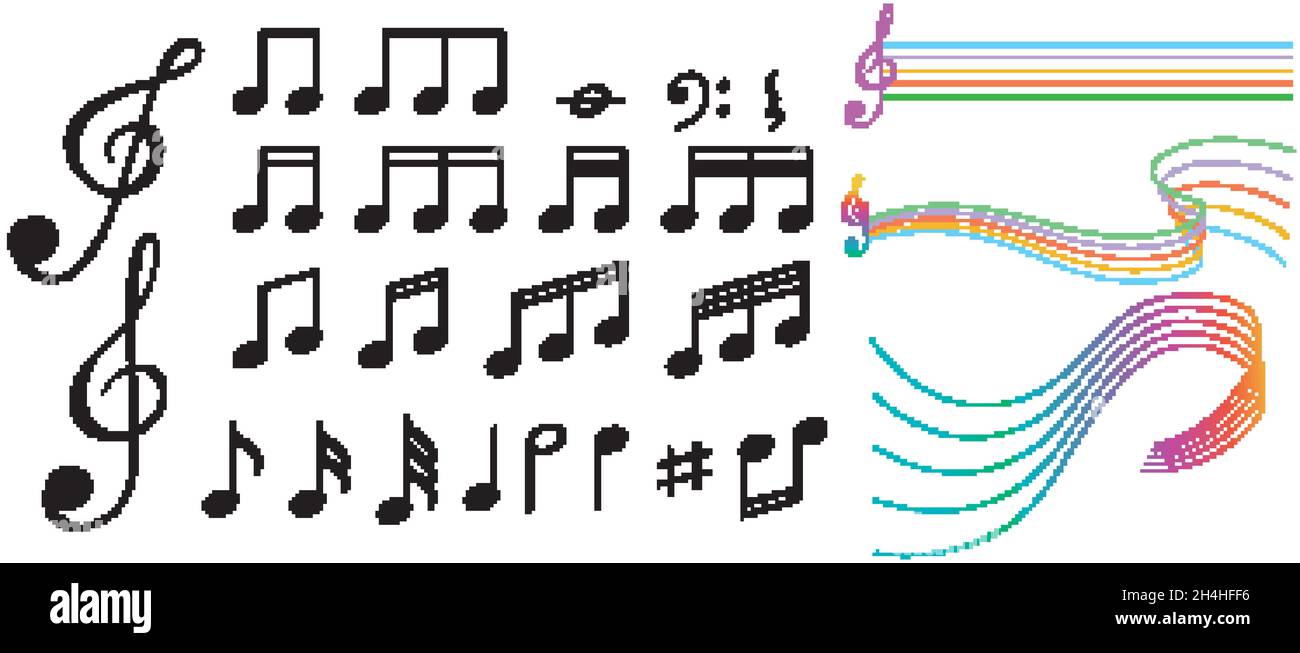 Musical symbols with wave lines on white background illustration Stock ...