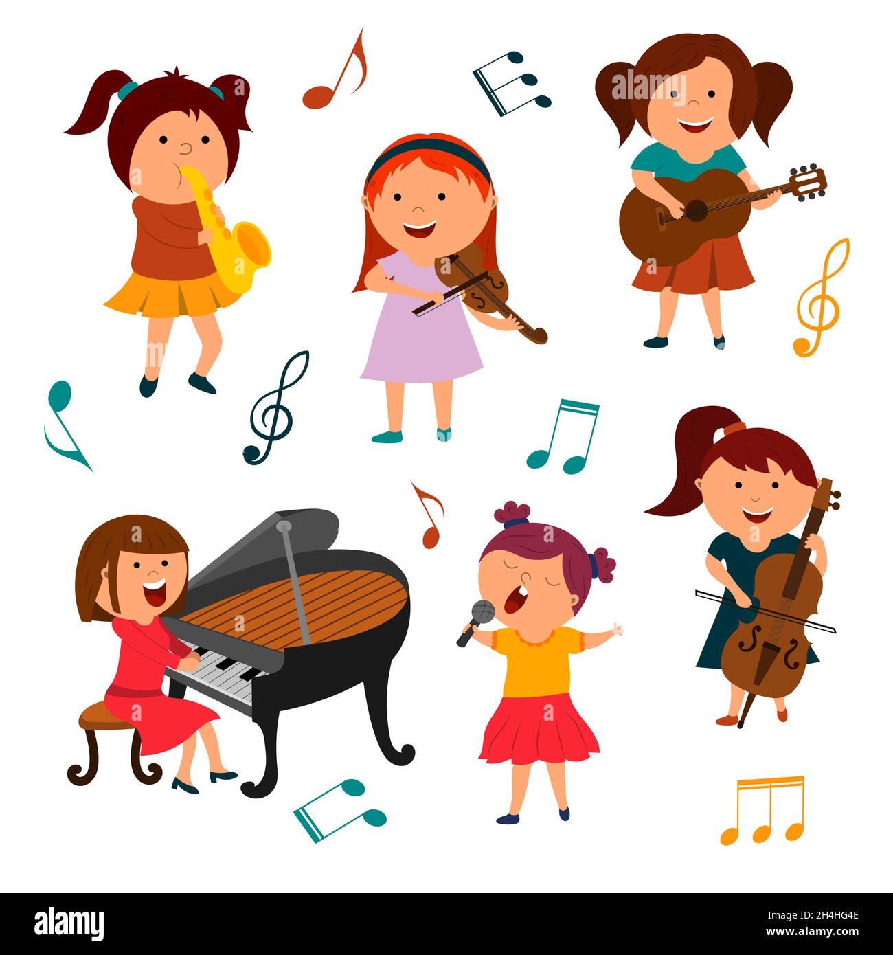 a set of cartoon illustrations of children musicians, girls with ...