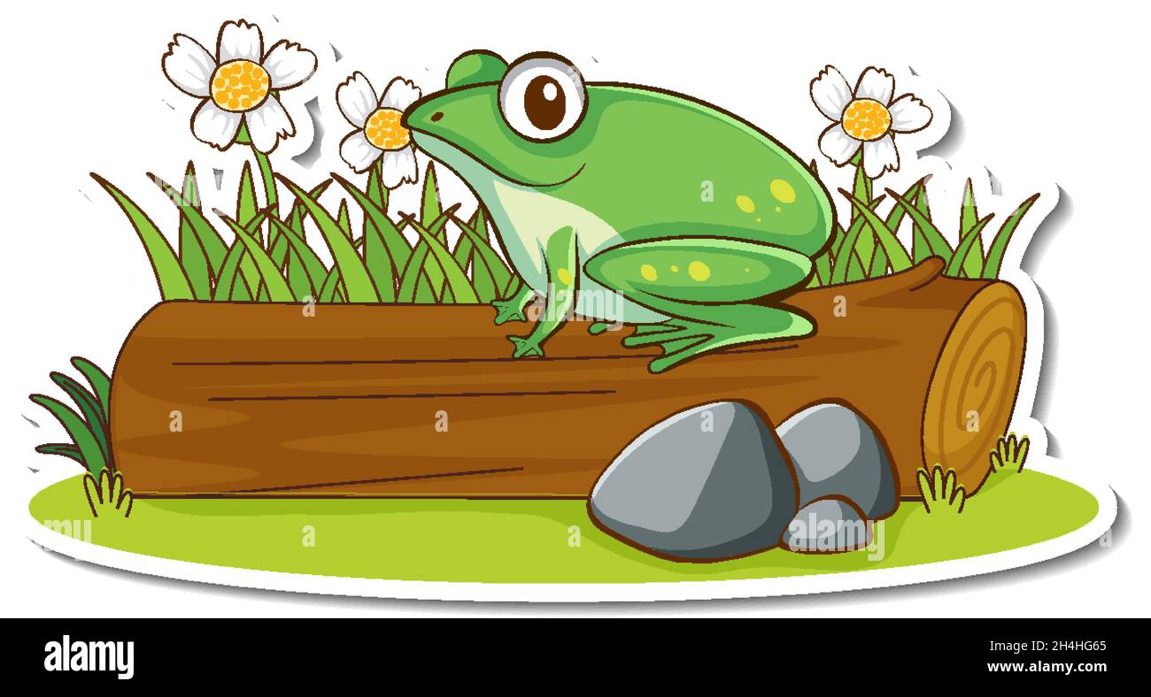 A green frog standing on a log sticker illustration Stock Vector Image ...