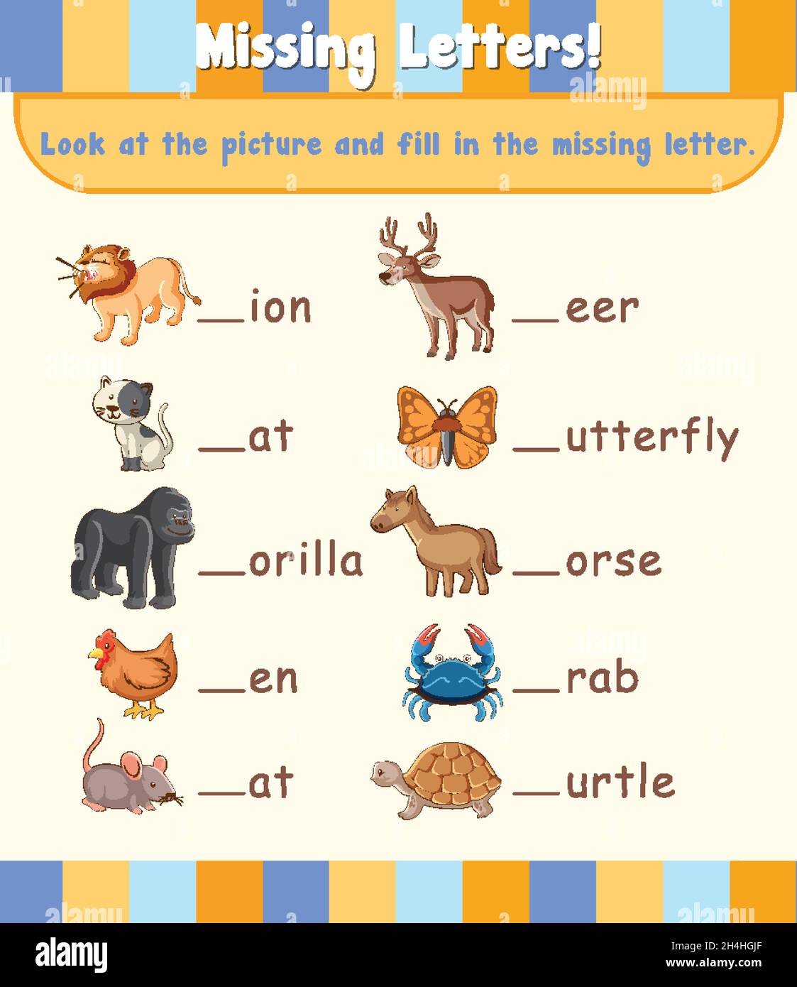 Fill in the missing letter worksheet template illustration Stock Vector ...