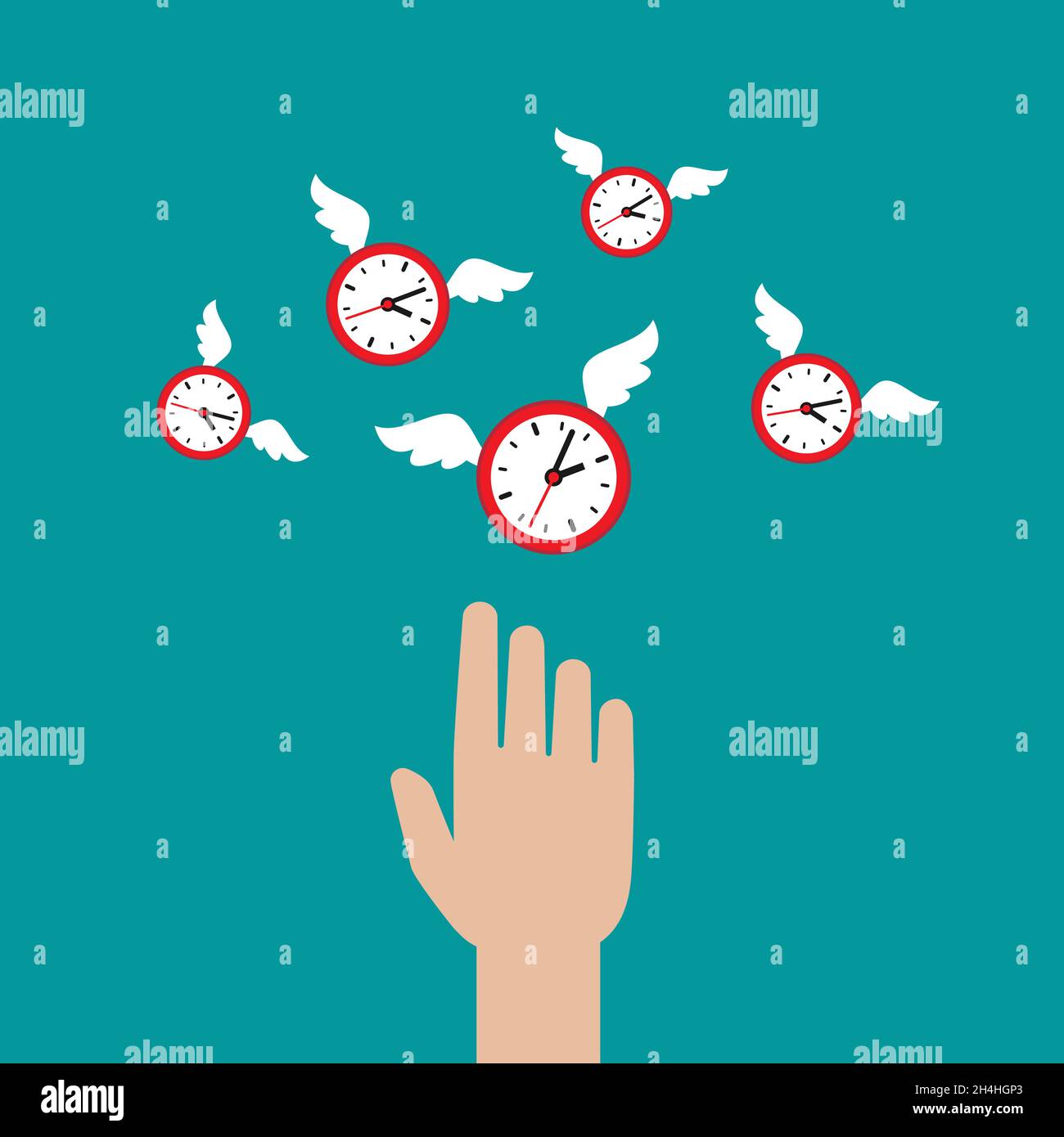 Hand catches flying clock with wings. Hunt, chase time. Achieve goals ...