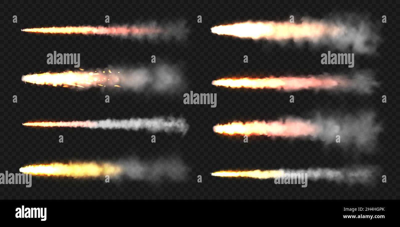 Realistic space rocket launch trails. Fire burst, explosion. Missile or ...