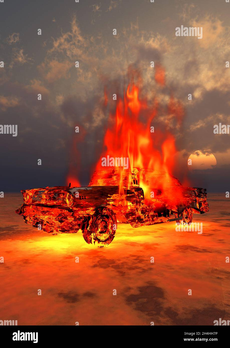 A Chevrolet Car On Fire Stock Photo - Alamy