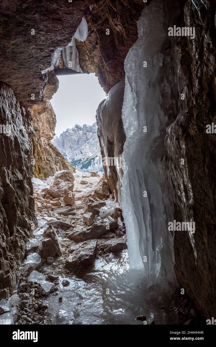 Dolomites Alp Mountains from a cave place, Tre Cime di Lavaredo ...