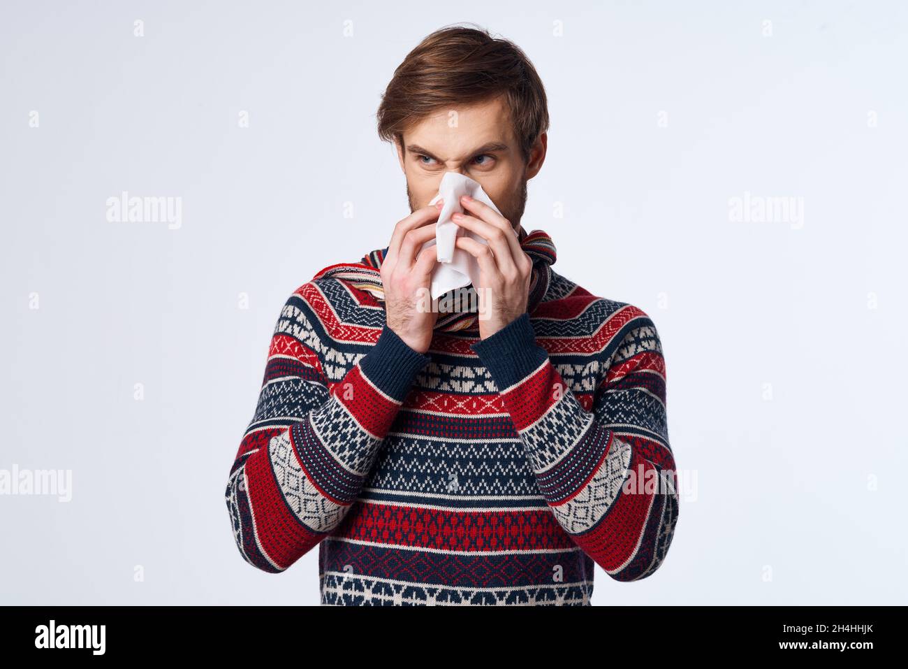 cold man with a handkerchief health problem flu symptoms light ...