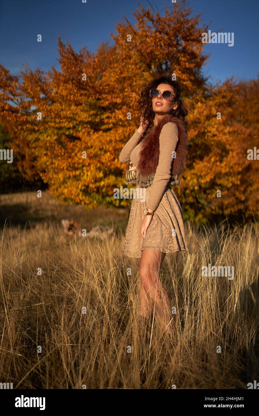Beautiful young woman at sunset in autumn colors by the forest Stock ...