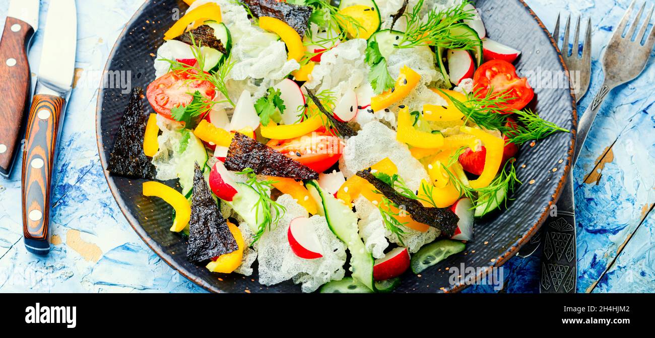 Spring fresh vegetable salad on rice paper.Vegetable oriental salad ...