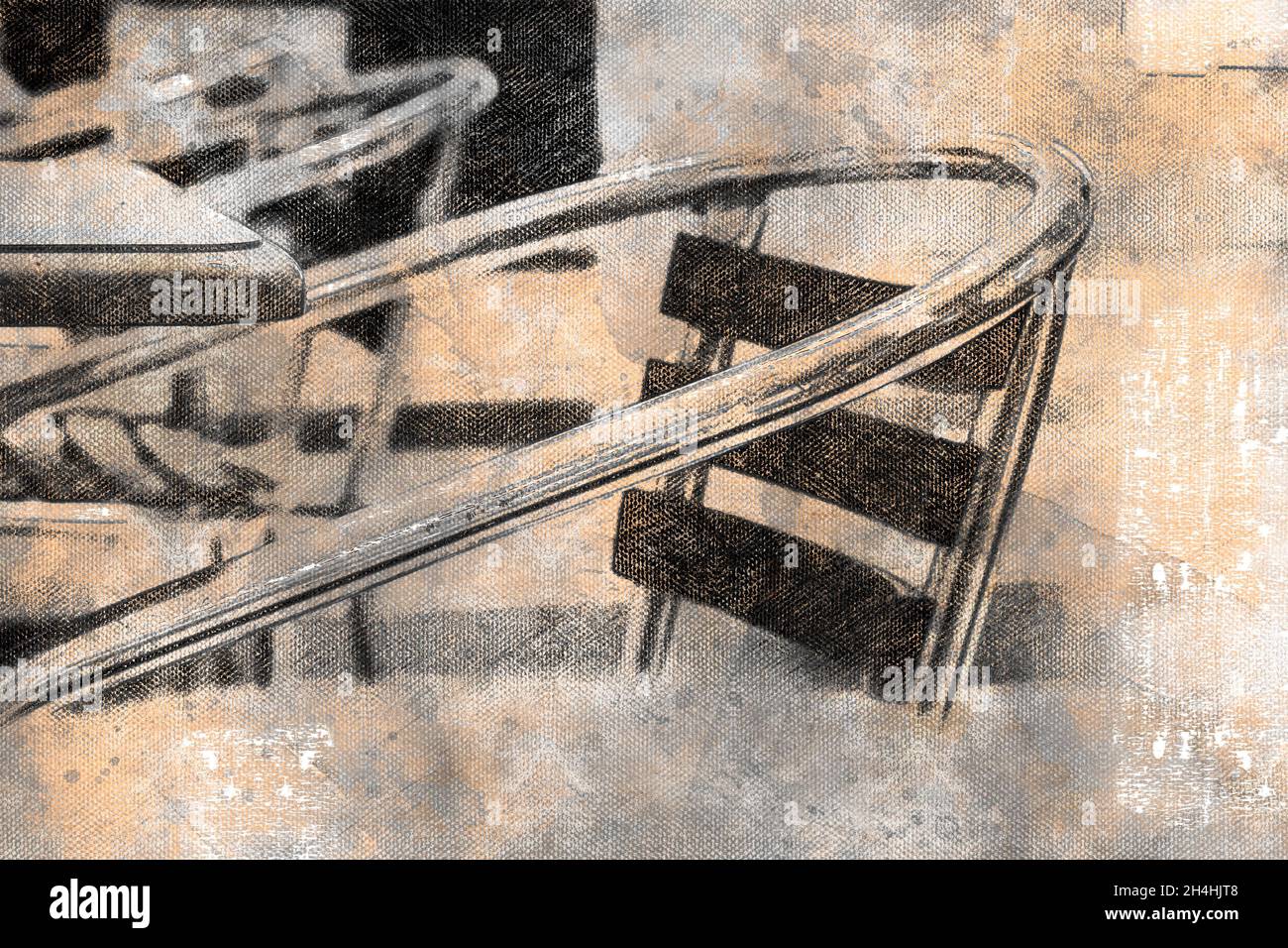 Empty chairs and tables in an airport or train station cafe. Metal ...