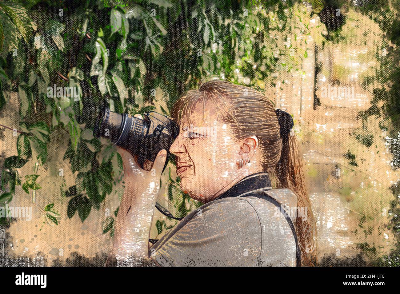 Portrait of a woman photographer at work. Adult woman with long hair ...