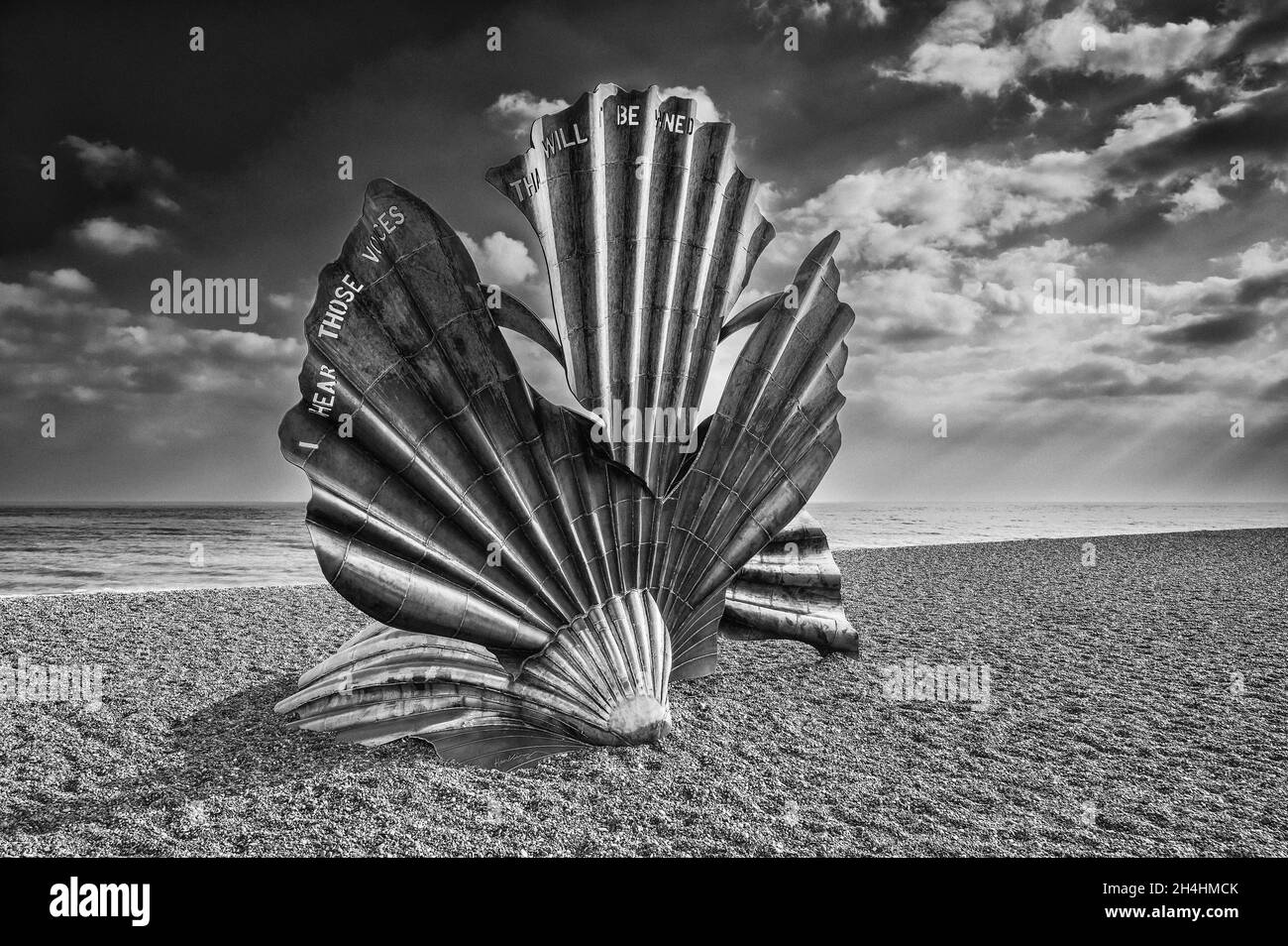 This monochrome image is of the Scallop Shell sculpture, located on the ...