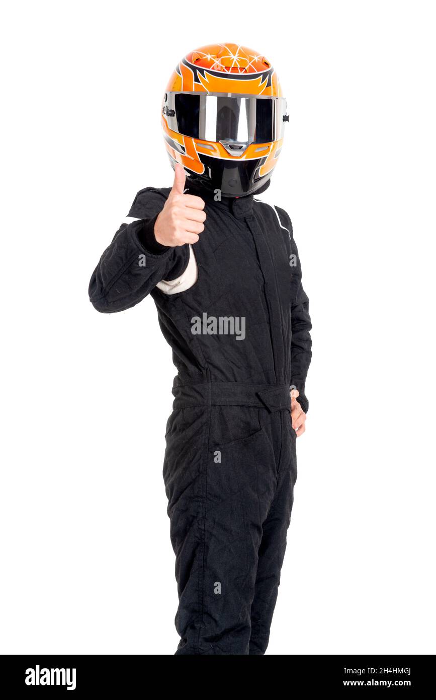 Racing driver posing with helmet isolated in white Stock Photo - Alamy