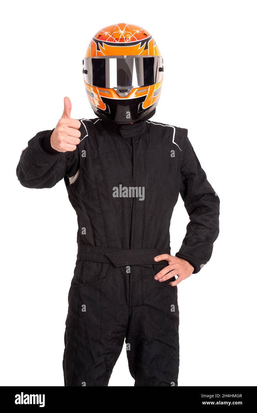 Racing driver posing with helmet isolated in white Stock Photo - Alamy