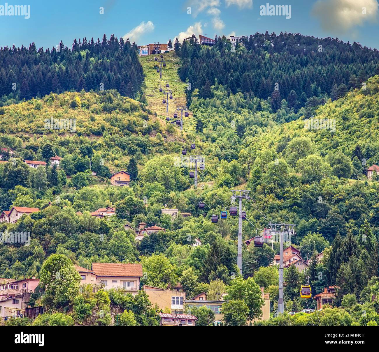 Cable car lift from the center of Sarajevo to green Trebevic Mountain ...