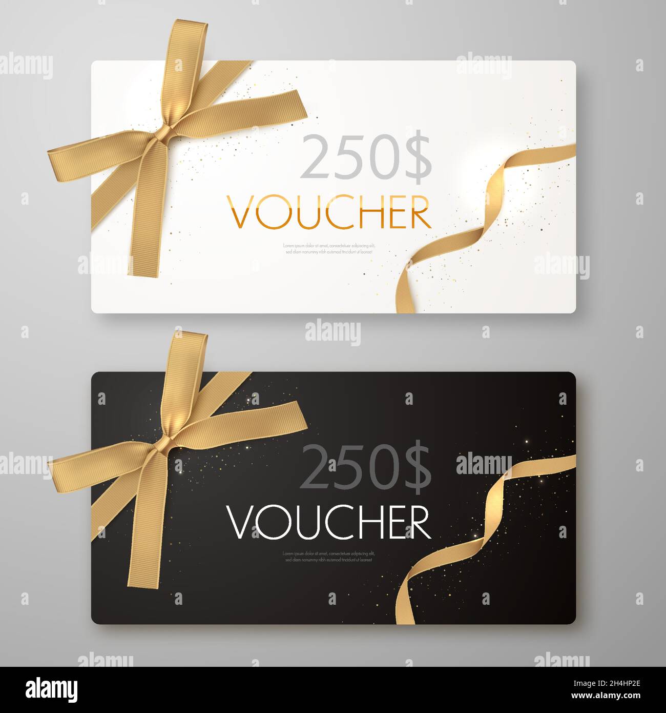 Gift voucher with gold ribbon and bow. Discount luxury coupon. Vector ...