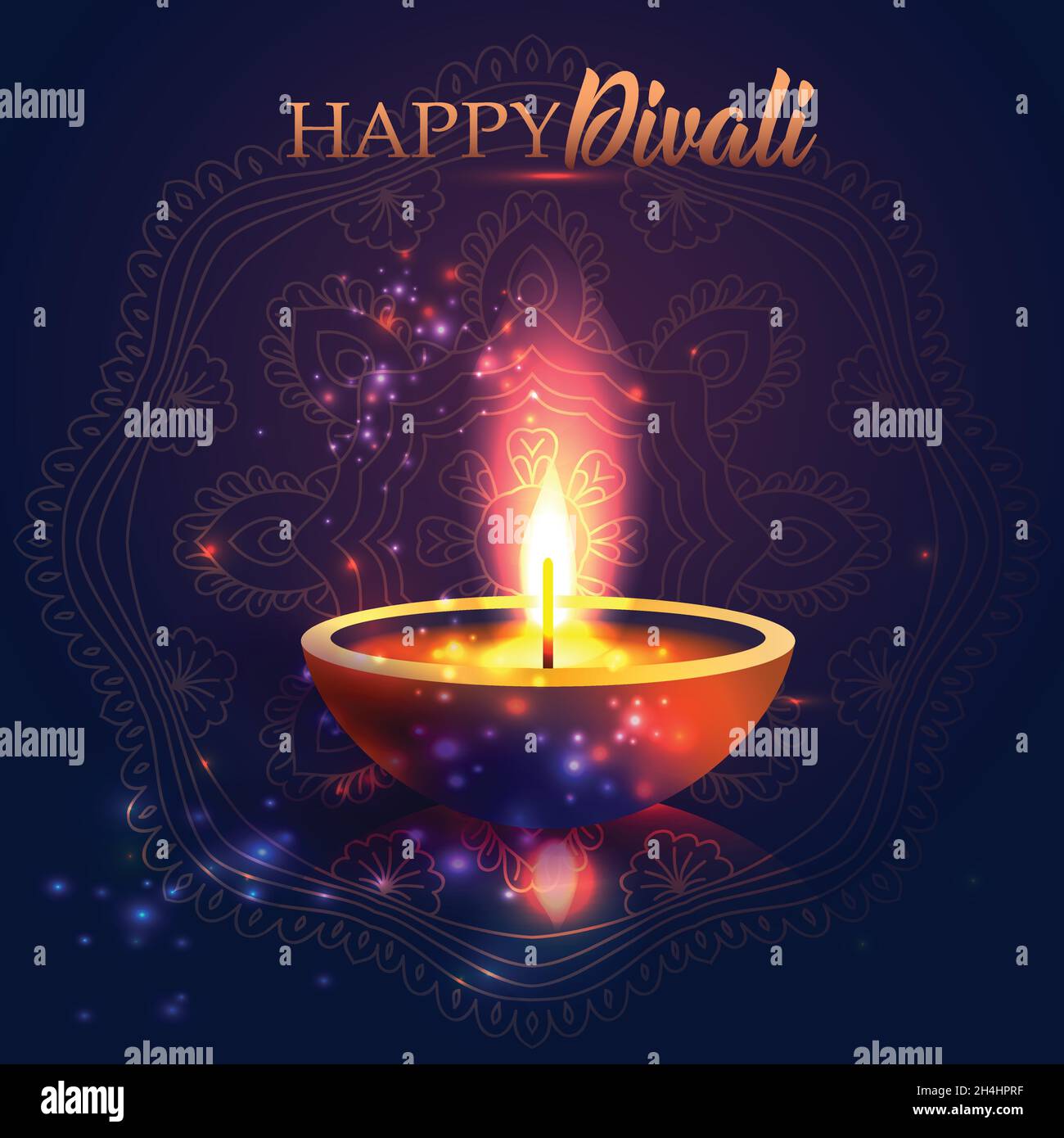 Happy Diwali festival of lights. Retro oil lamp on background night sky ...