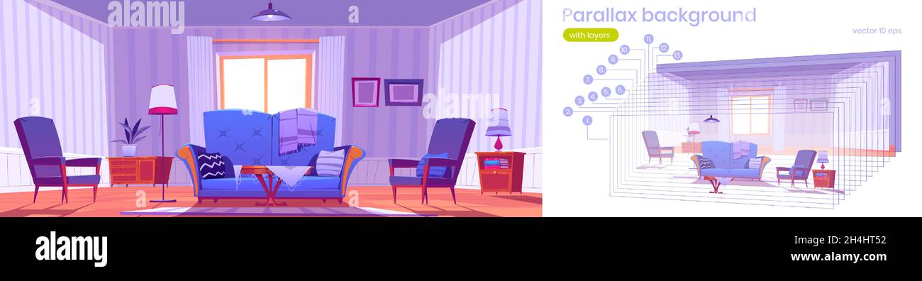 Living room with blue sofa, armchair, coffee table and lamp. Vector ...