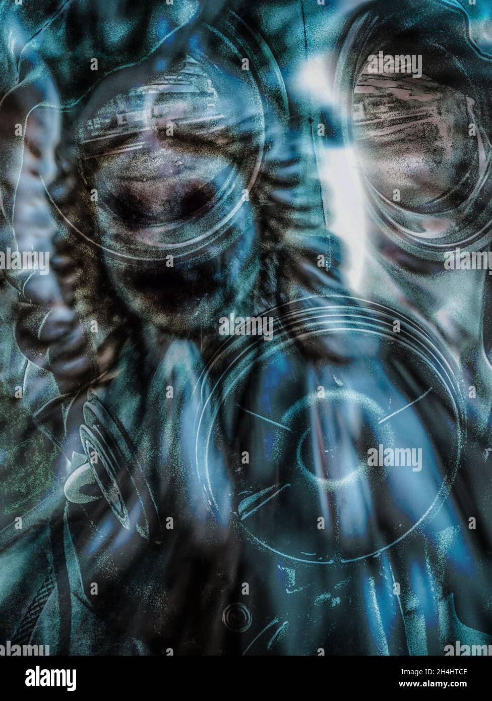 Montage of a praying angel with a biohazard gas mask horror nightmare ...