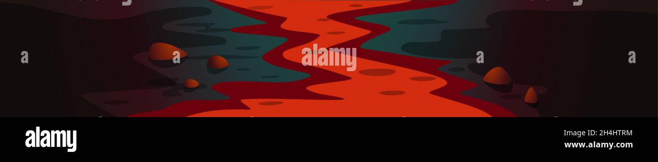 Lava river, fantasy landscape with red fire river. Vector illustration ...
