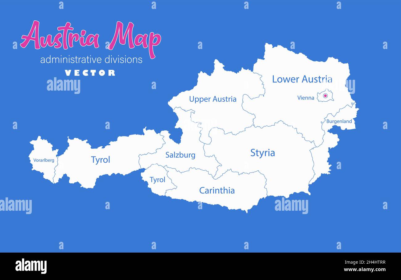 Austria map, administrative divisions whit names regions, blue ...