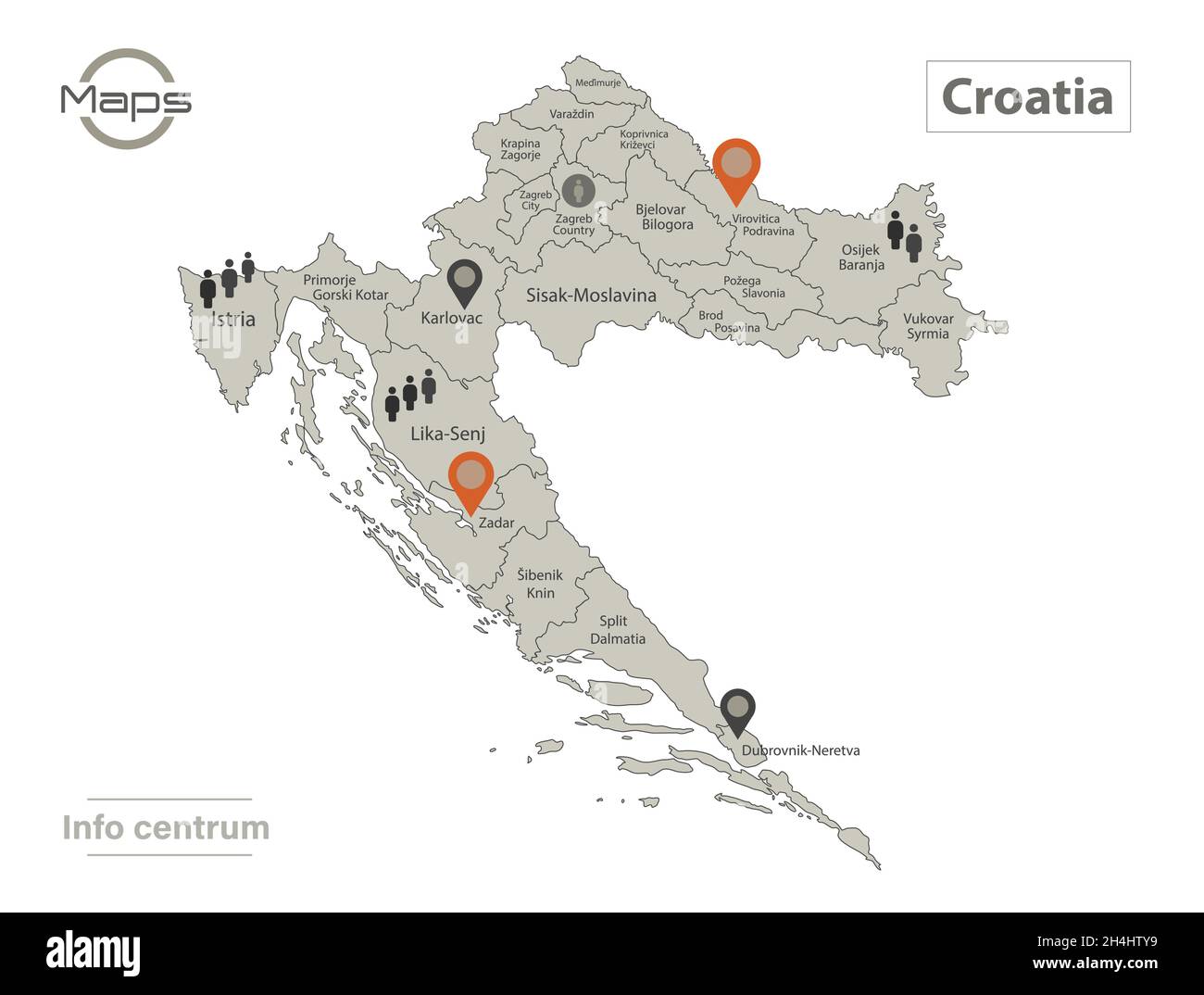 Croatia map, individual regions with names, Infographics and icons ...