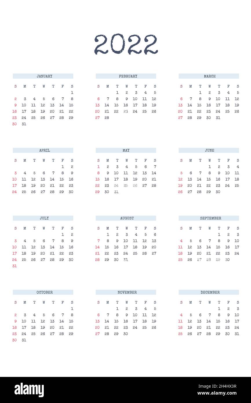 2022 calendar template in classic strict style with type written font ...