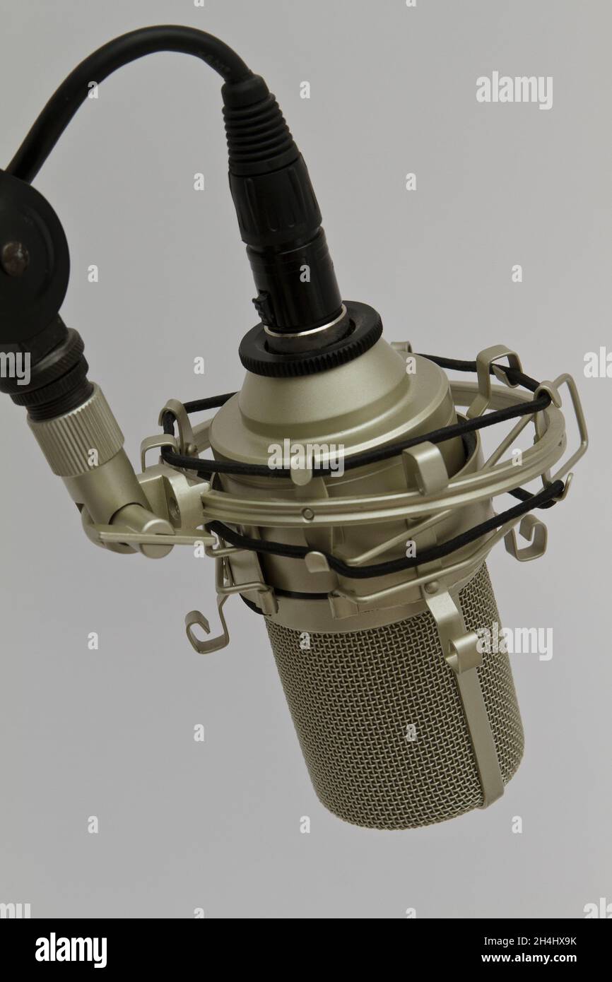professional microphone with black cable mounted in a microphone spider ...