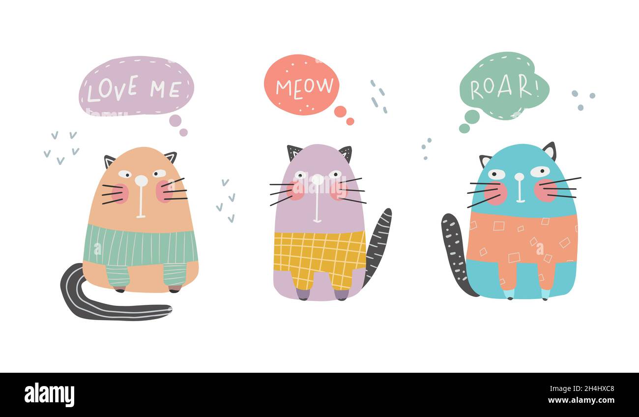 Collection Of Cute Funny Cats Colorful Cats Isolated On White