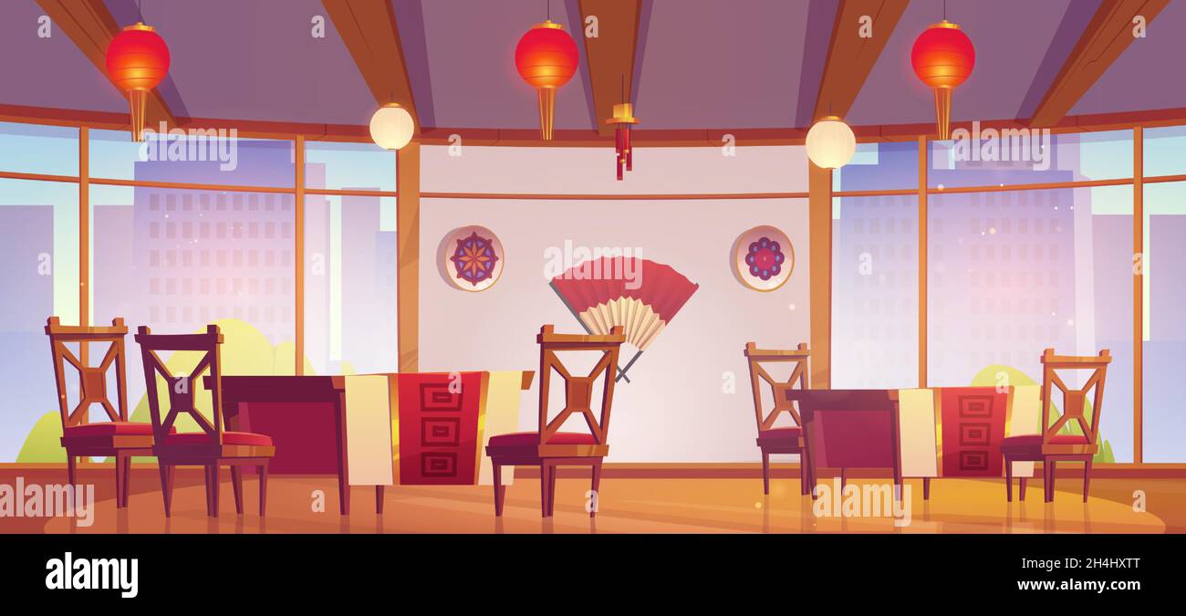 Chinese or japanese restaurant with wooden furniture, red asian ...