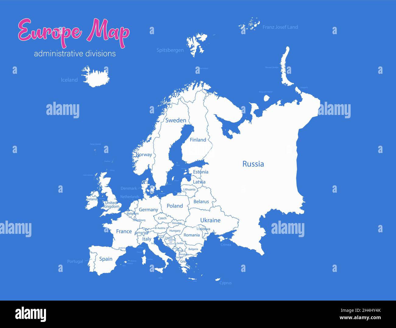Europe map, separate states whit names, blue background vector Stock ...
