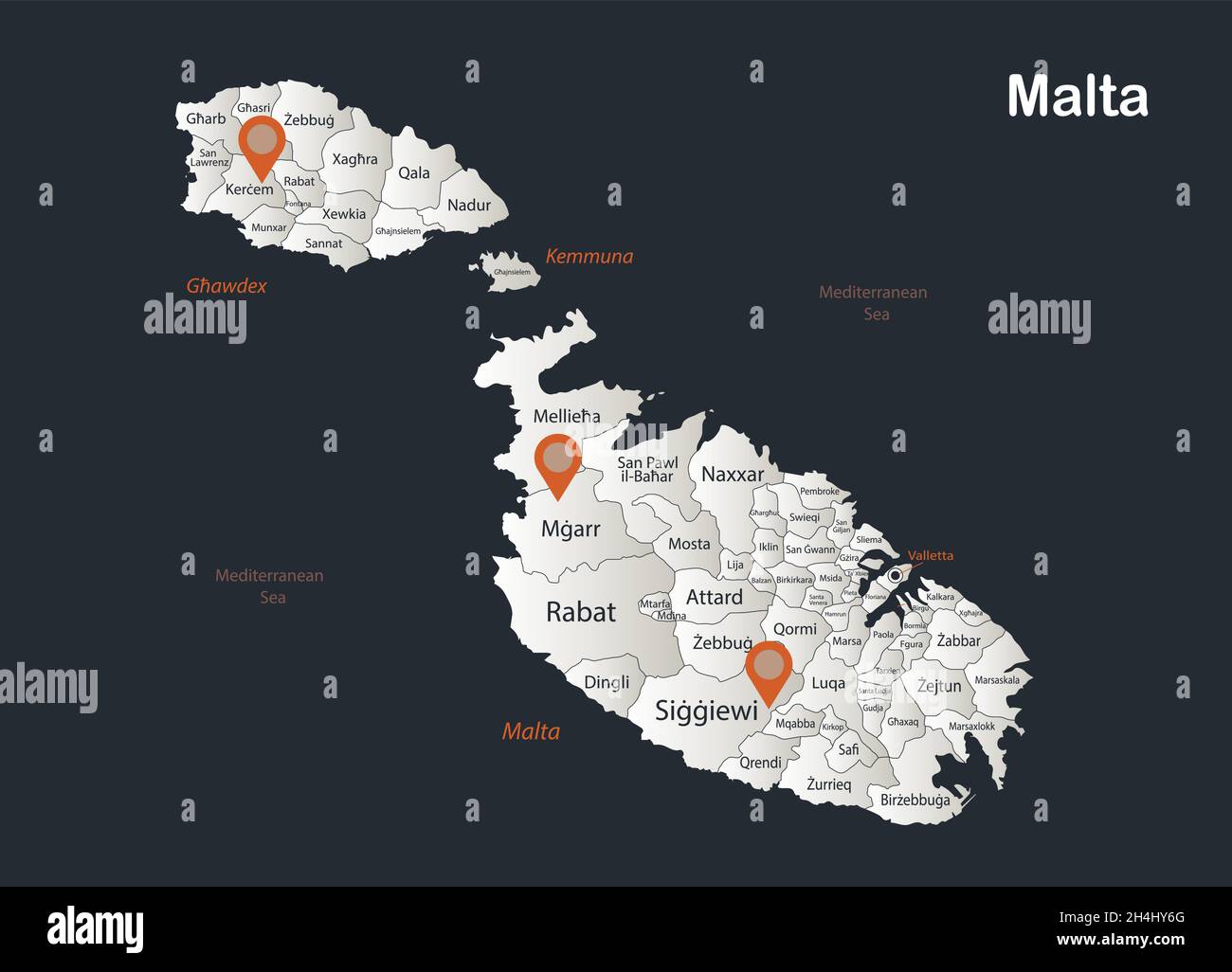 Malta map, Infographics flat design colors snow white, with names of ...