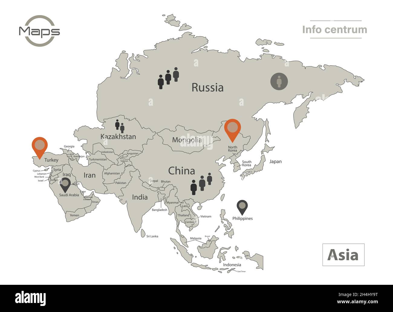 Asia map, individual states with names, Infographics and icons vector ...
