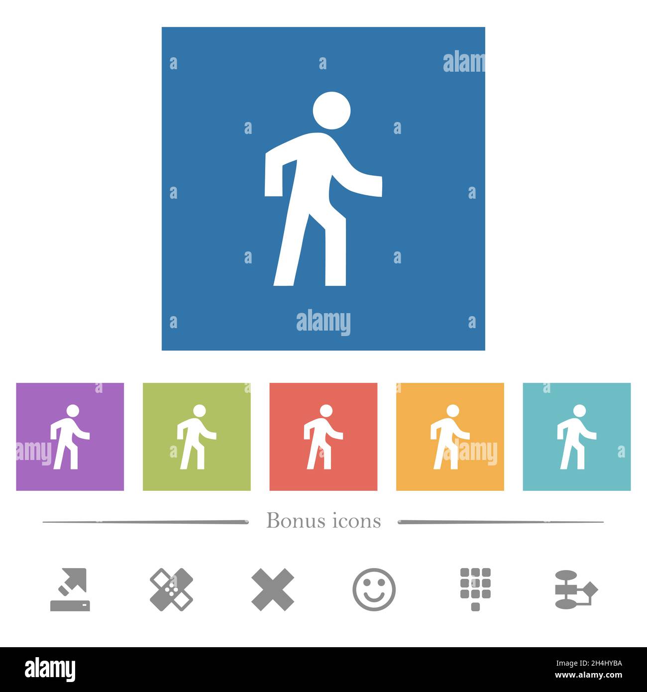 Man walking right flat white icons in square backgrounds. 6 bonus icons ...