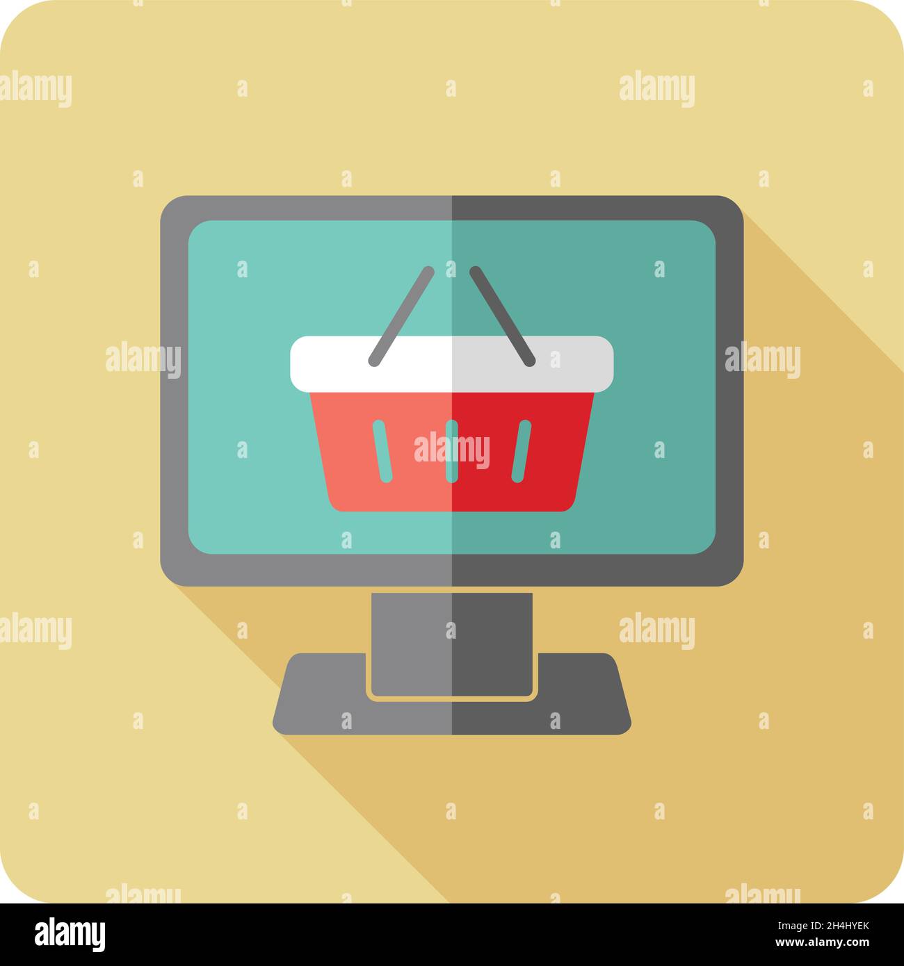 Computer display with shopping cart icon vector. Online shoping basket ...