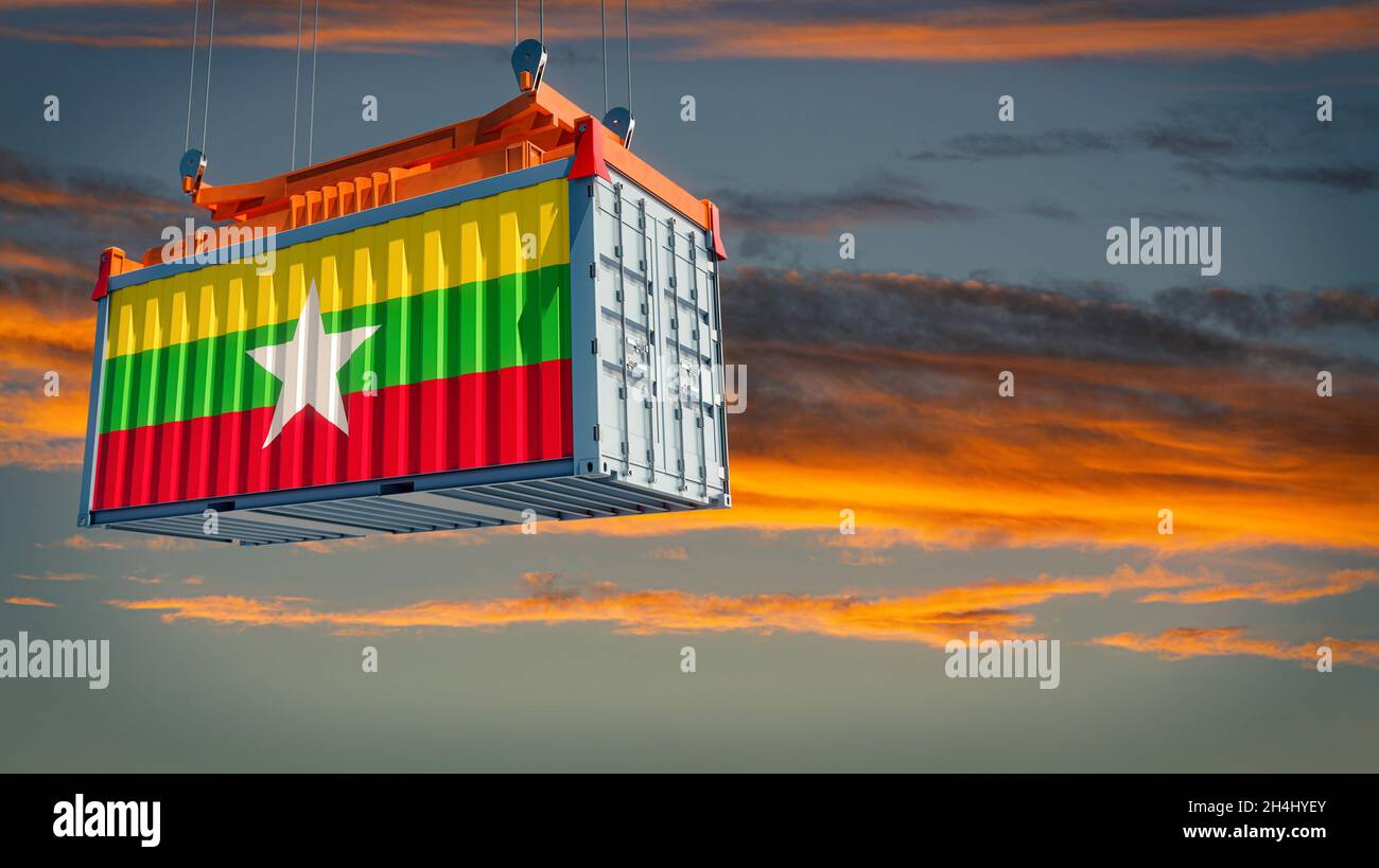 Shipping container with Myanmar national flag. 3D Rendering Stock Photo ...