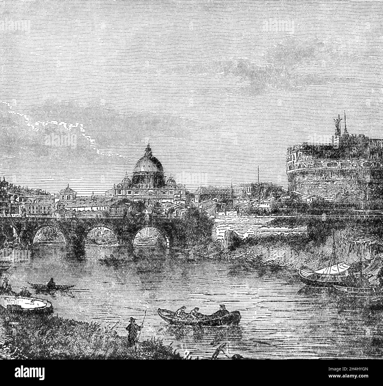 A late 19th Century illustration of small boats on the River Tiber with ...