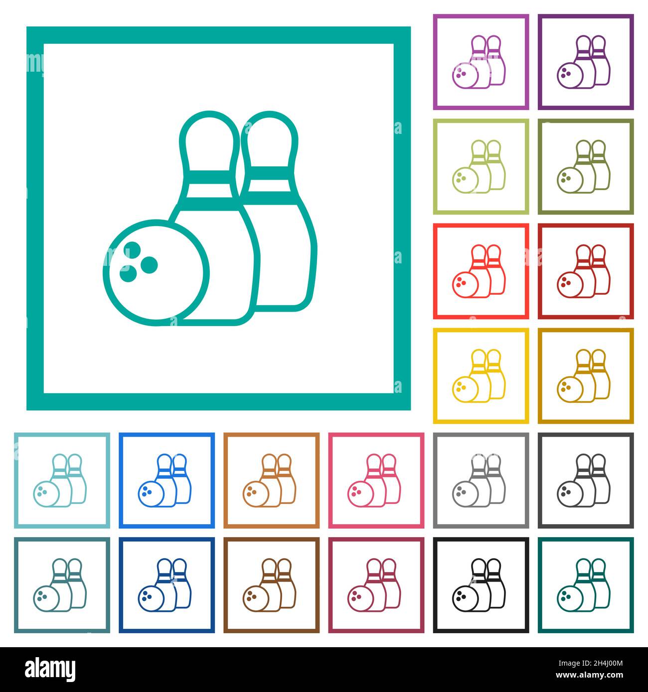 Bowling outline flat color icons with quadrant frames on white ...