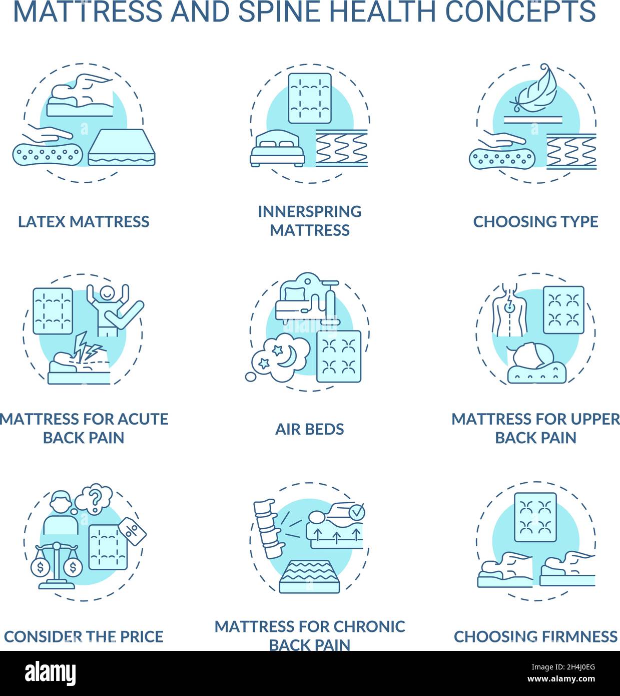 Mattress and spine health blue concept icons set Stock Vector Image ...