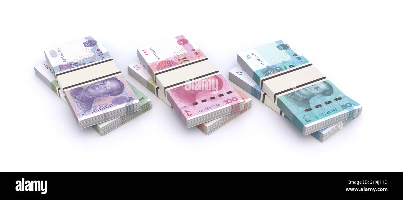 Chinese Yuan renminbi bill banknotes bundles isolated on white ...