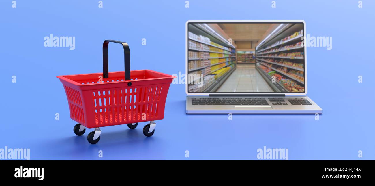 Supermarket aisle on a laptop screen and a red basket. Shopping ...