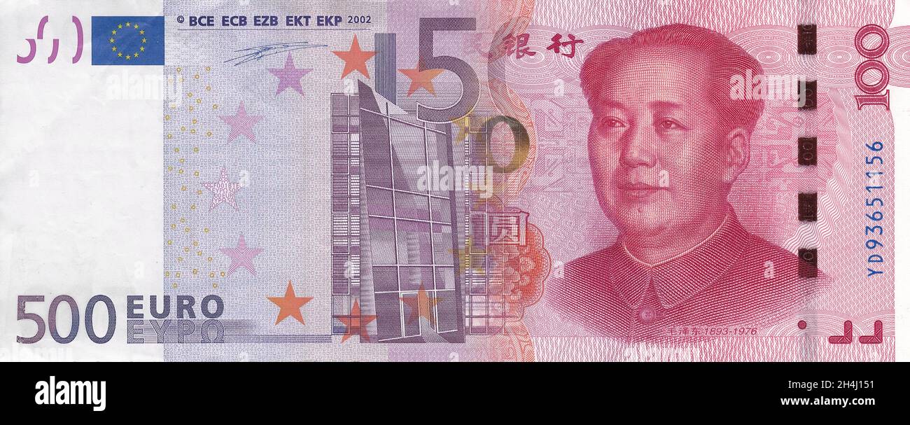 Chinese yuan, EU euro banknotes background. China and European Union ...