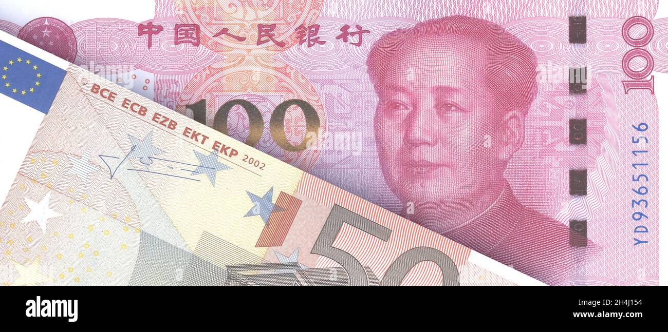 Chinese yuan, EU euro banknotes background. China and European Union ...